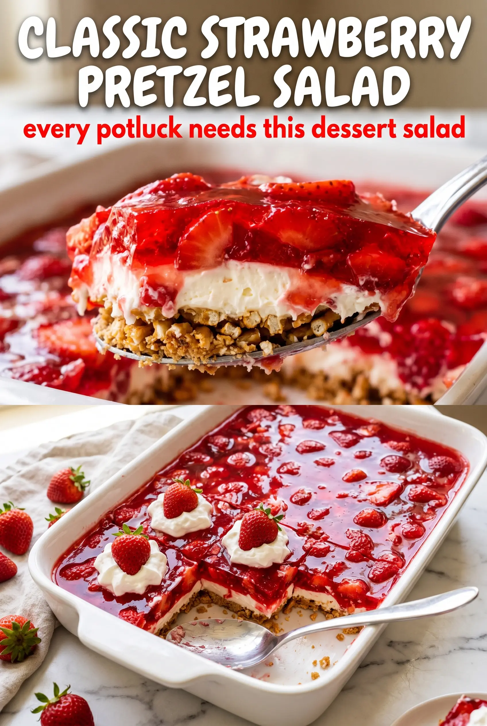 Strawberry Pretzel Salad (3-Layer No-Bake Dessert)